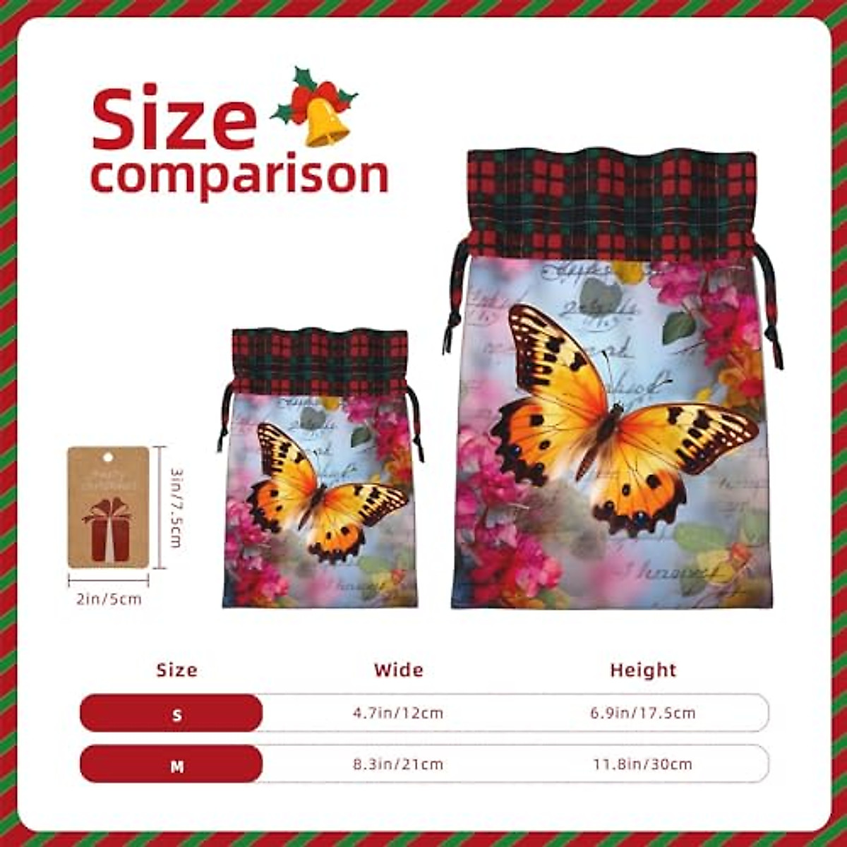 EVANEM Christmas Gift Bags with Drawstring Burlap Gift Bags Butterfly Christmas Linen Bags for Xmas Party Candy Bags with Cards Xmas Reusable Wrapping Bags Christmas Linen Treat Bags for Holiday