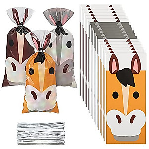 150 Pcs Horse Party Favor Bags Horse Candy Treat Bags Cellophane Bags Party Goody Favors with 200 Silver Twist Ties for Horse Party Favors Western Cowboy, Cowgirl and Farm Birthday Party Supplies