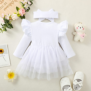 Baby Girl Clothes Infant Ruffle Sleeve Romper Dress Newborn Solid Tutu Skirt Sets Jumpsuit Headband Outfit (032B-White, 9-12 Months)