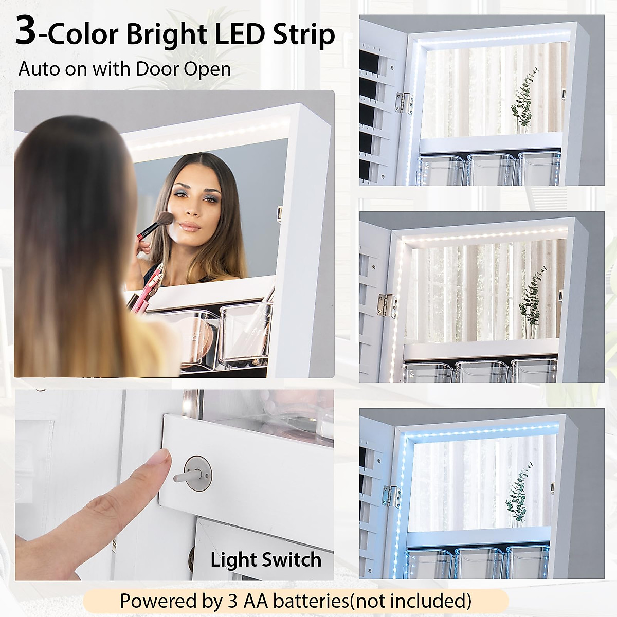 CHARMAID LED Strip Jewelry Armoire with 47.2" H Full Length Mirror, Lockable Jewelry Cabinet Organizer with 3-Color Lights, 3 Brush Boxes, 2 Drawers, Bottom Storage Shelf, Metal Frame (White)