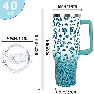 Rcvlauf 40oz Tumbler with Handle and Straw Leopard Tumbler Leak Proof Insulated Cup 40oz Mint Green Leopard Coffee Travel Mug Leopard Decor Stuff Gifts for Women