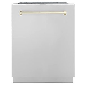 ZLINE Autograph Edition 24" 3rd Rack Top Touch Control Tall Tub Dishwasher in Stainless Steel with Gold Handle, 51dBa (DWMTZ-304-24-G)