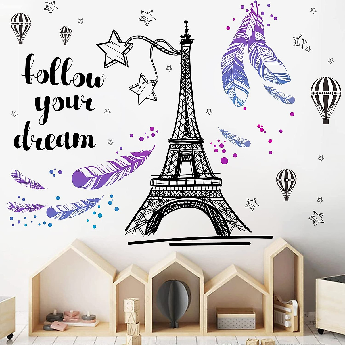RW-4939 Giant Eiffel Tower Wall Decals Purple Feather Stars Vinyl Wall Stickers DIY Removable Balck Unique Paris Hot Air Balloons Stars Decor for Kids Teens Bedroom Living Room Nursery Decoration