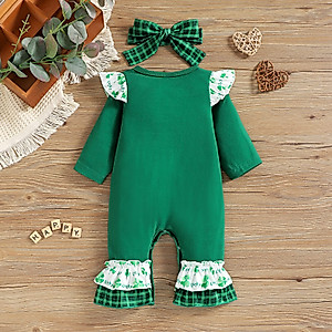 Toddler Baby Girl St Patrick 's Day Outfits Long Sleeve Jumpsuit Clover Romper Ruffle Bodysuit One Piece Bodysuit Headband 2Pcs (Green, 0-3 Months)