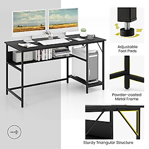 IFANNY 55’’ Computer Desk, PC Gaming Desk with Power Outlet & USB Ports, Large Home Office Desk with Storage Shelves & Steel Frame, Industrial Study Desk for Bedroom (Black)
