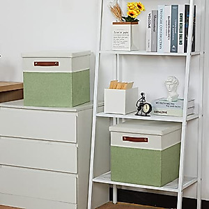 Temary Fabric Storage Cubes Bins with Lids Storage Baskets 13x13 Foldable Storage Bins Cubes Boxes, Canvas Storage Bin for Shelves, Bedroom, Nursery, Closet (White&Green, 13x13x13inch)