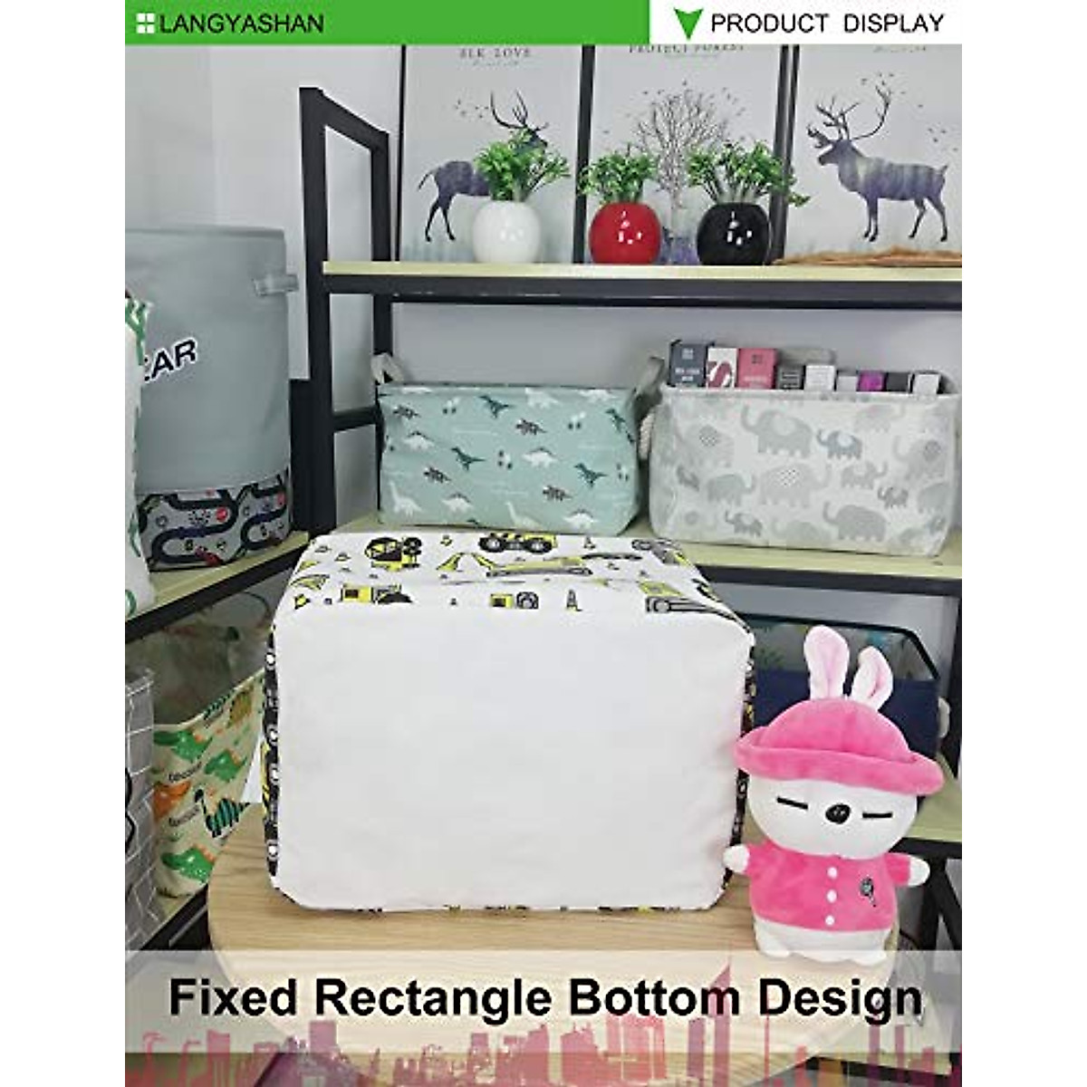 LANGYASHAN Rectangular Storage Bin Collapse Canvas Fabric Cartoon Storage Basket with Handles for Organizing Home Kitchen Boys and Girls Toys Office Closet Shelf Baskets (Rec Engineering Vehicle)