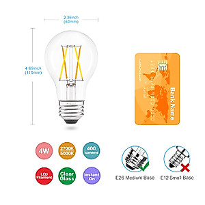 Remote Control Smart Edison A19 LED Light Bulbs- E26 Standard Base- Dimmable 4W(40W Equivalent)- Adjustable Color Temperature (2700K- 5000K)- No App or Wi-Fi Required- Remote Included- 4 Pack