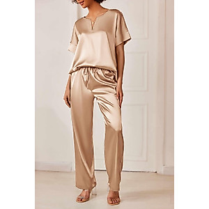 Ekouaer Satin Pajama Set Womens Silk Short Sleeve V Neck Shirt with Long Pant Soft Loungewear Pjs Set Khaki