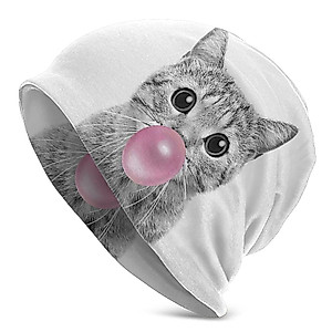 Animal Cute Cat Pink Bubble Gum Art Baggy Slouchy Beanie Chemo Hat Cancer Headwear Knitted Hats Scarf Nightcap for Women Men