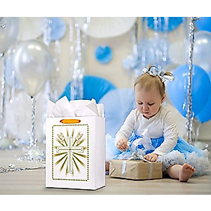 FaCraft 13" Large Gift Bag with Tissue Paper Cross Paper Gift Bags with Handle for Baptism Christenings Confirmations First Communions Religious Wedding,Baptism Gifts Bag for Kids Boys Girl
