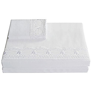 Merryfeel Cotton Bed Sheet Set,100% Cotton Sateen 300 Thread Count Embroidered Lace Sheet Set,Deep Pocket,4 Pieces,5-Star Hotel Collection- Queen White