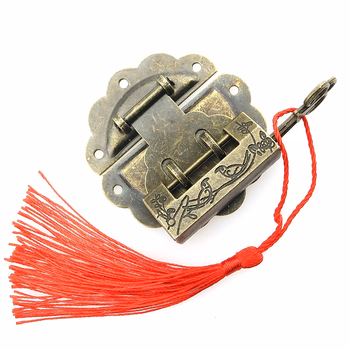 JianLing Antique Furniture Jewelry Box Buckle Toggle Catch Lock (58mm x 58mm) with Mounting Screws and Zinc Alloy Flower Bird Lock (42x11x18mm) with Key