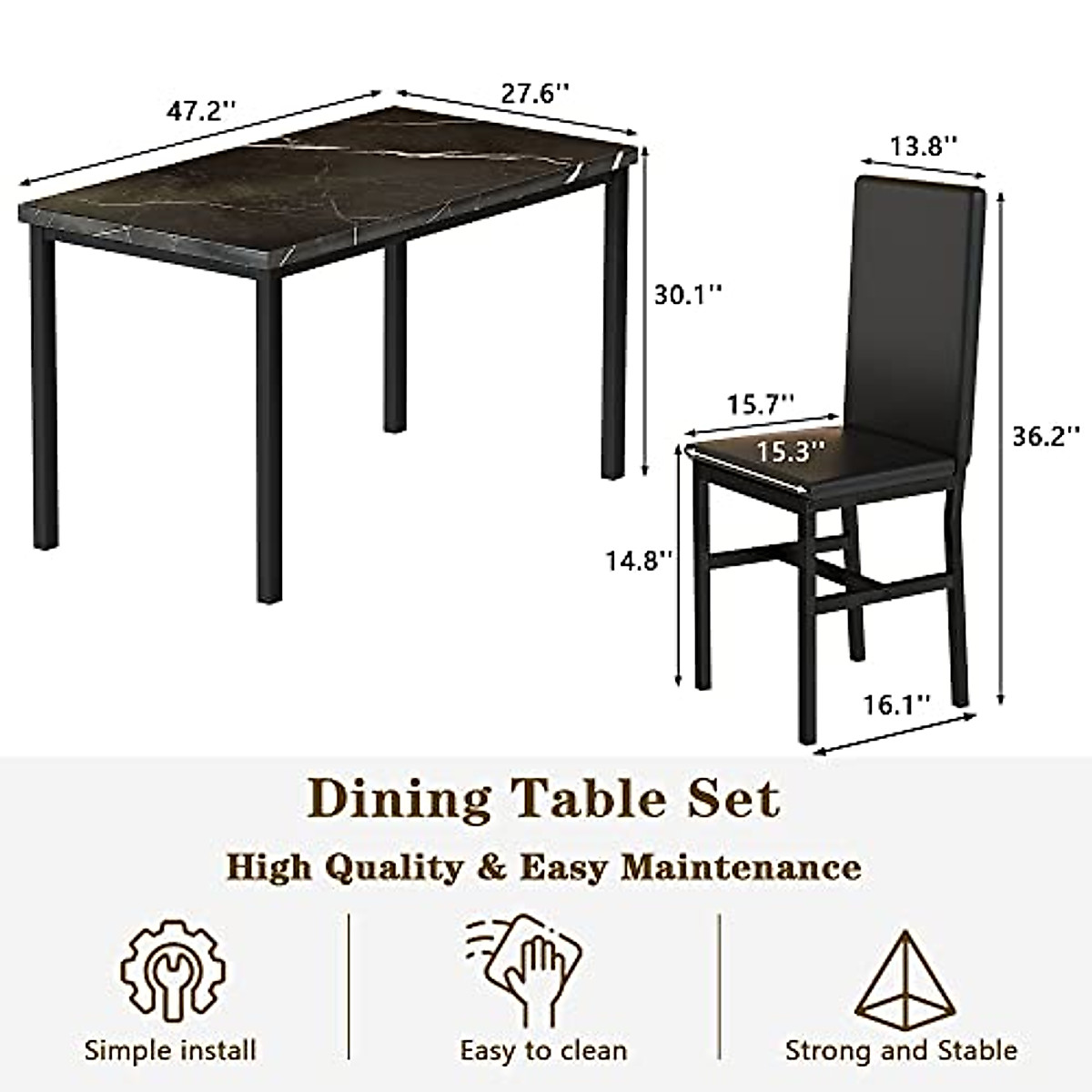Hooseng Dining Table Set for 4, Space Saving Kitchen Table and Chairs for 4, Modern Style Faux Marble Tabletop & 4 PU Leather Chairs, Perfect for Dining Room,Breakfast Corner Small Spaces,Black