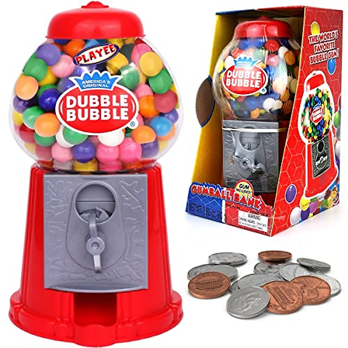 PLAYEE Classic Style Gum Machine – Gumball Machine for Kids – Candy Bank with 45 Colorful Gum Balls – 8.5” Candy Dispenser for Boys and Girls