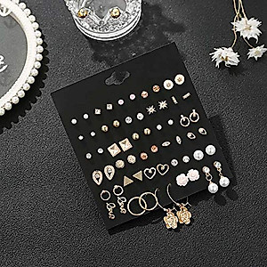 DAZZINO 12-30 Pairs Assorted Multiple Stud Earrings Hoop Set Dangle Cute Hypoallergenic Earrings CZ Bow Butterfly Flower Leaf Ball Simple Drop Earrings Stud for Women Pack