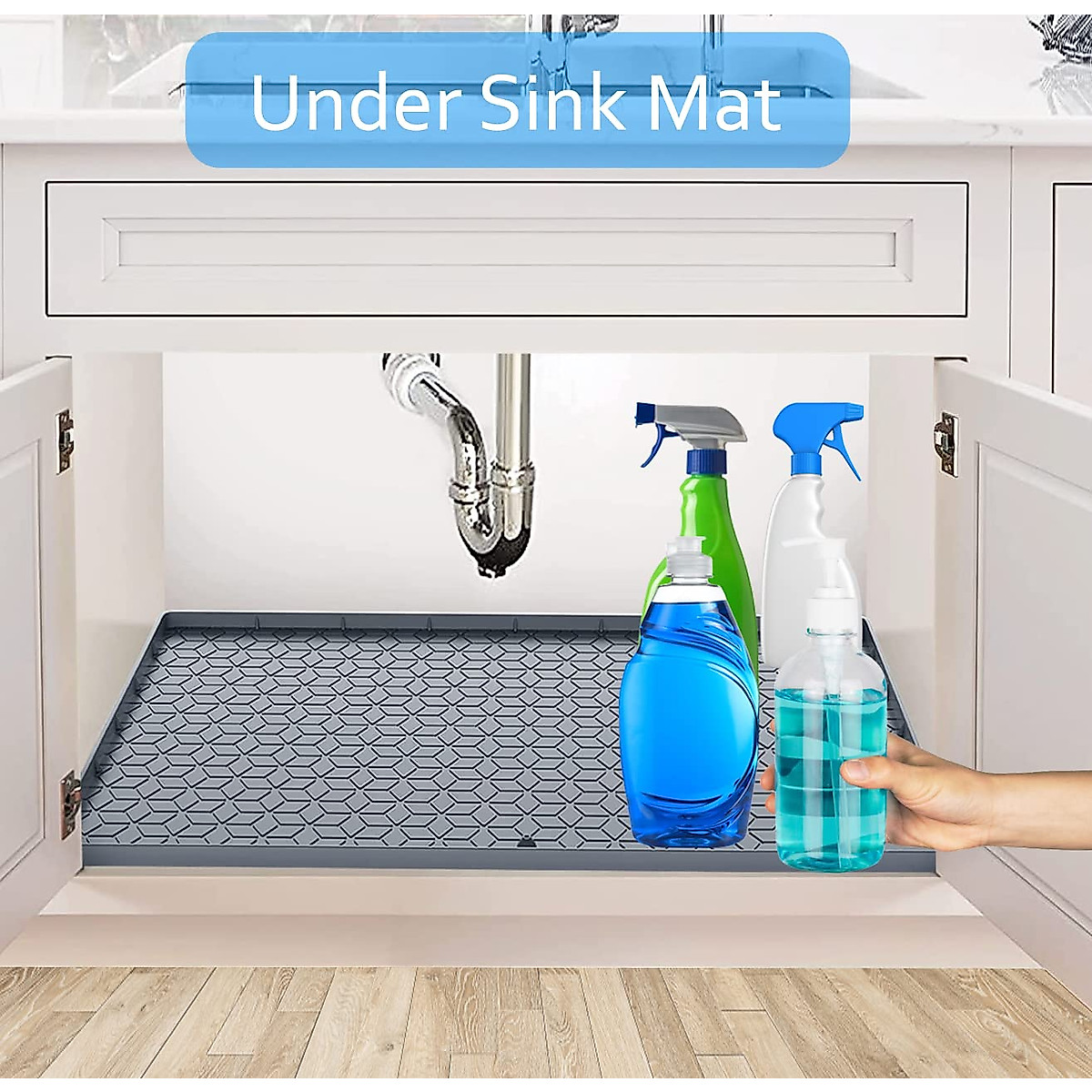 TALVADI Under Sink Mat - Under Sink Tray, 34"x22" Flexible Waterproof Silicone Under Sink Organizer with Drain Hole, Sink Cabinet Protector Mat for Kitchen & Bathroom