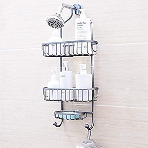 Lycklig Rust-Proof Shower Caddy over Shower Head Aluminum Shower Caddy, Hanging Shower Caddy with Extra Basket for Soap and 2 Hooks for Bath Loofah, Gray