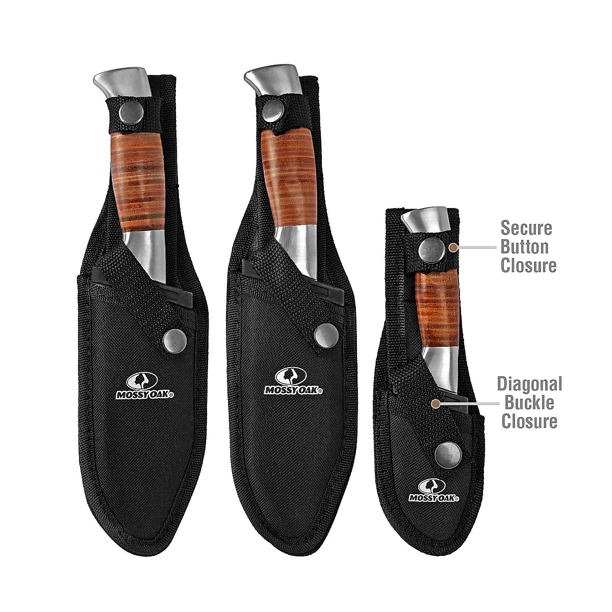 Mossy Oak Fixed Blade Hunting Knife Set - 3 Piece, Full Tang Leather Handle Straight Edge and Gut Hook Blades Game Processing Knife Set, Sheath Included