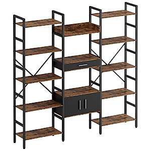IRONCK Bookcase and Bookshelf 5 Tier Display Shelf, Metal and Wood Bookshelves Cabinet and Drawer Storage, Freestanding Multifunctional Decorative Shelving for Home Office, Vintage Brown