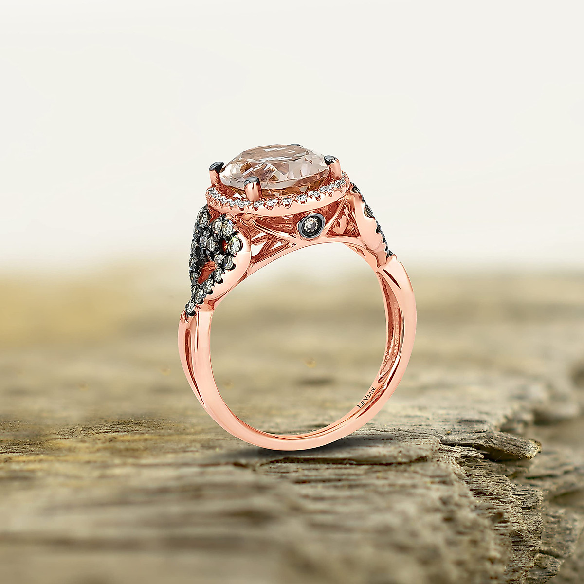 LE VIAN 14K Rose Gold Oval Morganite & 1/2 Cttw White/Chocolate Diamond Halo Engagement Ring (G-H & Fancy Brown Color, VS2-SI2 Clarity)- Size 7