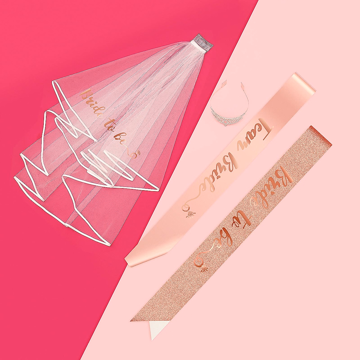 Bachelorette Party Decorations Kit, Bridal Shower Gift Supplies, Rose Gold Bride to Be Bachelorette Sash Veil Crown Tiara for Bride, Team Bride Tribe Sash for Bridesmaids