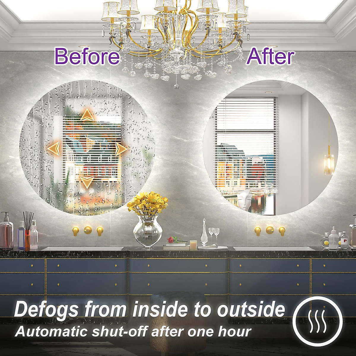 JSneijder 2-Piece LED Bathroom Mirror 36 Inch Backlit Round Mirror & 28x36 Inch Rectangular Framed Mirror, Wall Mounted Dimmable Anti-Fog