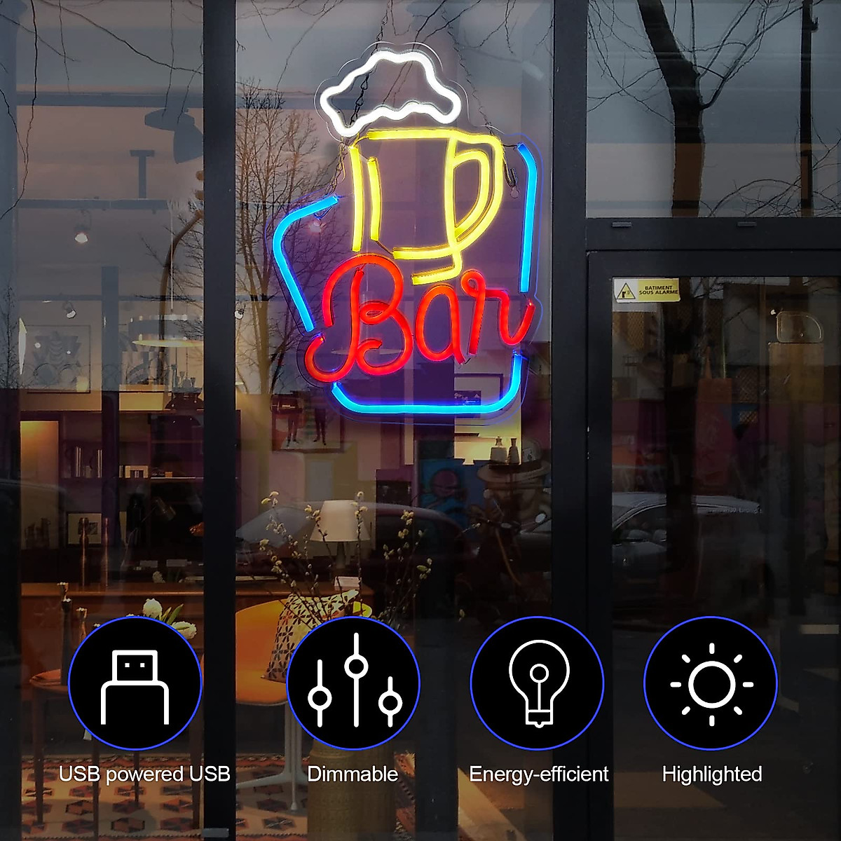 FITNATE Neon Bar Sign, Beer Neon Sign for Wall Decor, Brightness Adjustable LED Neon Light Sign USB Powered Decorative Bar Sign for Home Bar Wall Party Decor