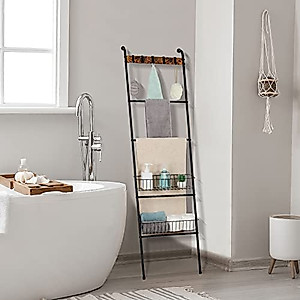 Blanket Ladder Wall-Leaning Blanket Ladder Rack Holder with Removable Hooks and Storage Mesh Baskets Metal Decorative Towel Ladder Shelf for The Living Room Outdoor Pool Black 5 Layer