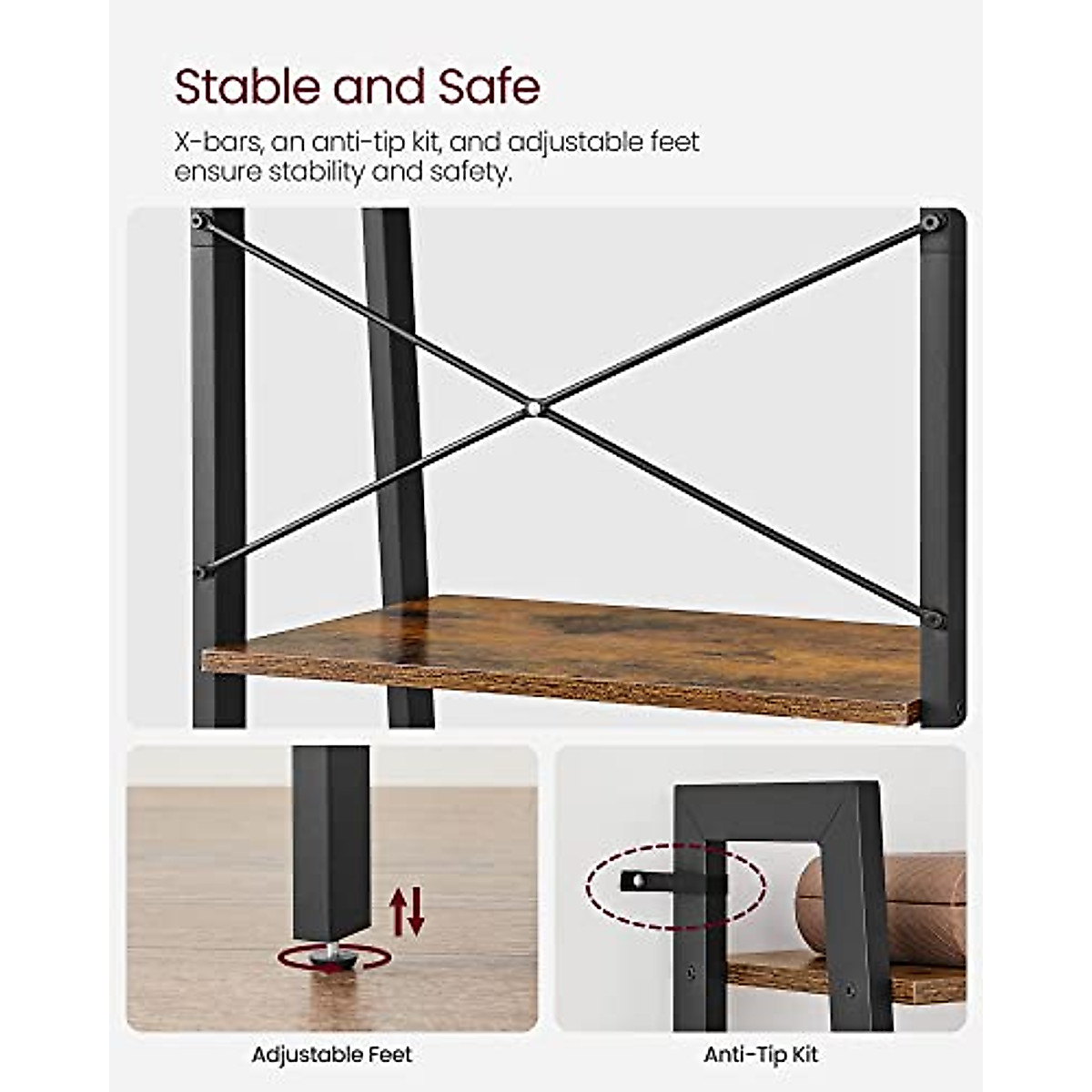 VASAGLE ALINRU 5-Tier Bookshelf, Industrial Bookcase and Storage Rack, Wood Look Accent Furniture with Metal Frame, 22.1 x 13.3 x 67.7 Inches, Rustic Brown