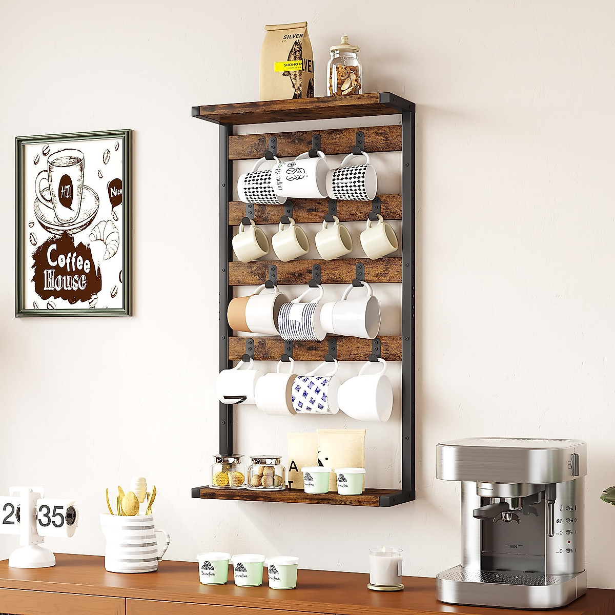 Homeiju 14-Hook Large Coffee Mug Holder for Countertop/Wall Mounted,4 Tier Coffee Cup Holder with Top & Bottom Storage Shelf,Adjustable Hook & Shelves,Mug Tree for Home Bar,Coffee Station