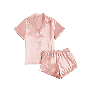 LYANER Women's Sleepwear Satin Silky Short Sleeve Top with Shorts Pajama Set Dusty Pink Small