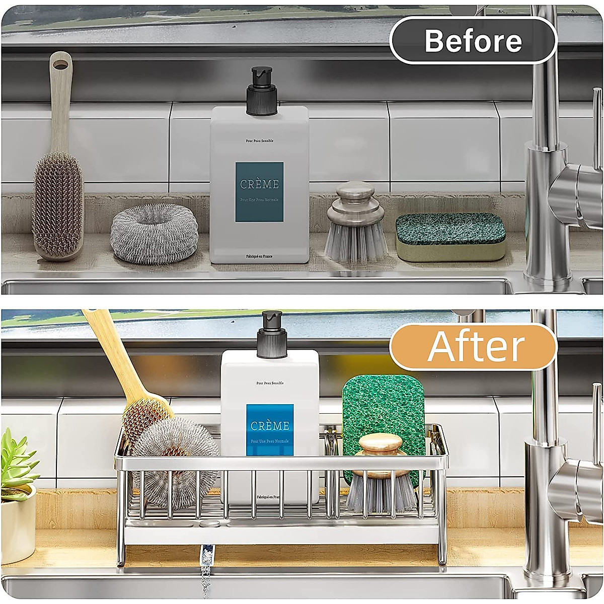 DMJWAN Kitchen Sink Caddy Sponge Holder Sink Caddy Organizer, 304 Stainless Steel Holder for Sink,Countertop with Removable Drain Tray with Diversion Drainage