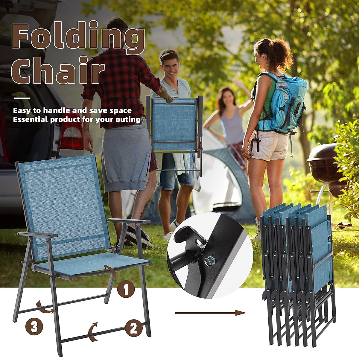 VICLLAX Outdoor Folding Patio Chairs with Arms, Portable Patio Dining Chairs Sling Back Chairs for Garden, Set of 2