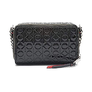 Calvin Klein Women's Marybelle Saffiano Double Zip Organizational Crossbody Bag, Black/Silver Patent Emboss, One Size