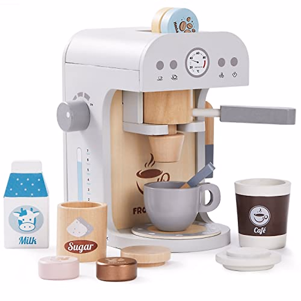 Frogprin Kids Coffee Maker Playset-Wooden Kitchen Toys, Toddler Play Kitchen Accessories, Pretend Play Food Sets for Kids Kitchen, Encourages Imaginative Play for Girls and Boys