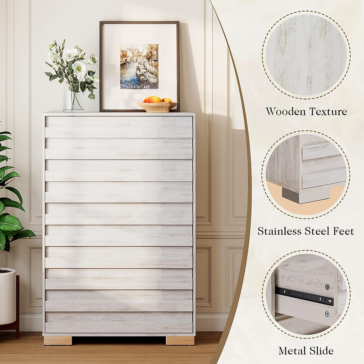 Albott Farmhouse 5 Drawers Dresser, Wood Rustic Chest of Drawers for Bedroom, Tall Dressers Organizer with Hidden Handles for Living Room, Hallway, Entryway, Distressed White