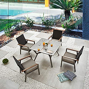 Festival Depot 5 Pcs Patio Set Square Dining Table with 2.16" Umbrella Hole and 4 Rattan Wicker Chairs with Seat Cushions in Metal Frame Outdoor Furniture for Porch Lawn Poolside Backyard, Dark Grey