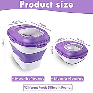 SUT Foldable Food Storage Container with Measuring Cup, Lid&Wheels, 15 Lbs Dog Cat Pet Food Storage Container, 30 Lbs Airtight Cereal Flour Rice Storage Container, Leakproof Sealable Dry Holder,Purple