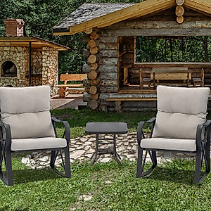SUNBURY Outdoor Furniture 3-Piece Rocking Chair Set w Warm Gray Cushion, Tempered Glass Table - Elegant Patio Frame Bistro Chair for Backyard