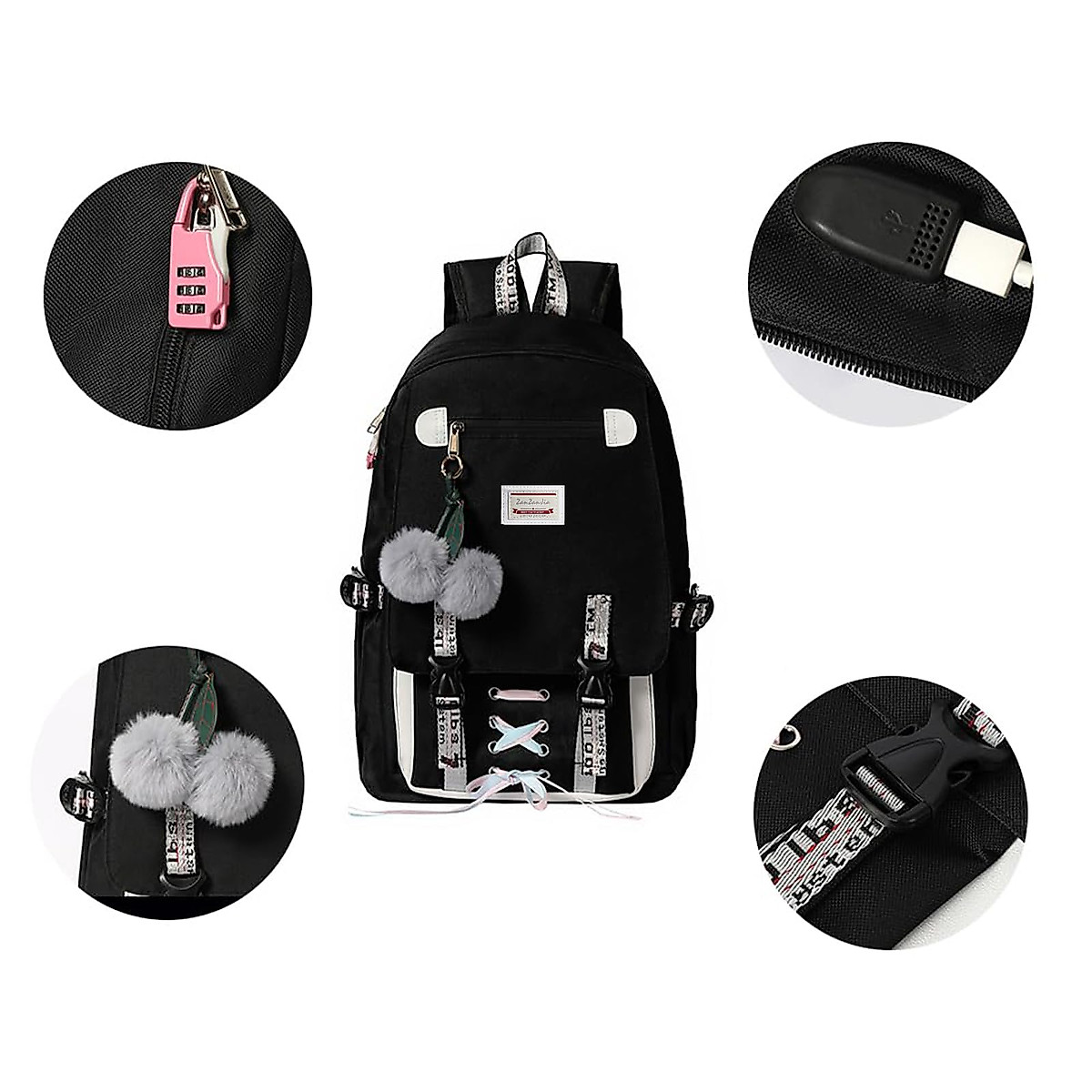 Tiedan Backpacks for girls mochila para niñas School Backpack with security lock with USB Charging Port (Black)