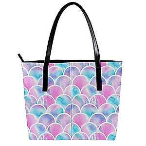 Mermaid Scale Pink Blue Leather Tote Shoulder Bag for Women Satchel Handbag