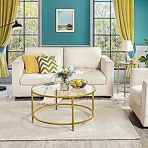Yaheetech 36in Round Glass-Top Coffee Table,Mustard Gold Modern Accent Side Round Coffee Table w/Protective Foot Pads, Metal Structure Glass Coffee Table for Living Room,Dining, Apartment,Small Space