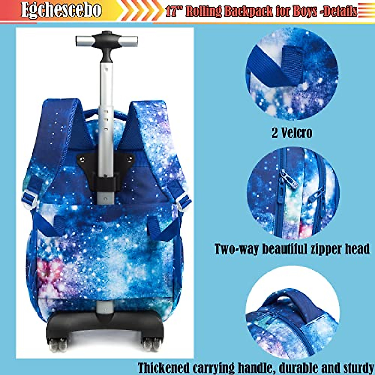 Egchescebo Boys Rolling Backpacks with Wheels 3PCS Starry Sky Backpack for School Wheeled Luggage Suitcase Lunch Box Pencil Case Large Capacity Bookbag Adjustable Trolley for Elementary Travel Blue