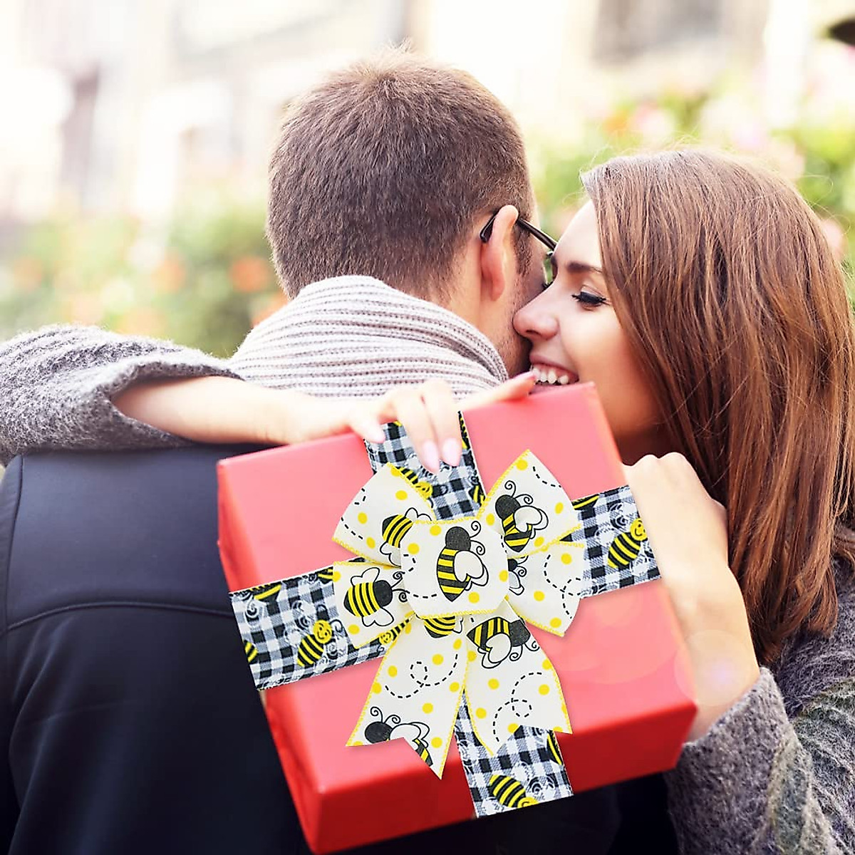 Bee Wired Edge Bumble Honey Bee Gnome Dot Yellow Wreath Ribbon for Summer Teachers' Day Easter Sewing DIY Craft Fabric Burlap Yellow Ribbon for Bows Wrapping Party Decorative