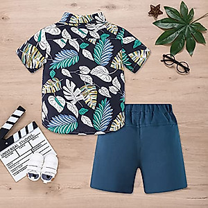 Yruiz Toddler Boy Hawaiian Outfit Set Baby Summer Floral Shirt with Bow-tie+Short Pants (Blue, 6-12 Months)