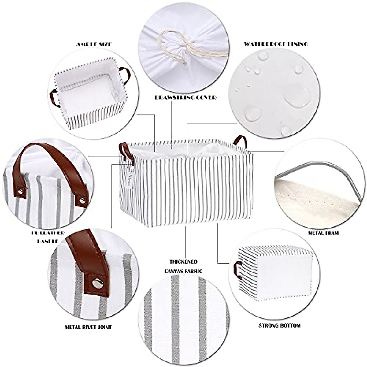 Hinwo 70L Extra Large Capacity Storage Basket Canvas Storage Bin Collapsible Storage Box with PU Leather Handles and Drawstring Closure, 22 by 15 inches, Waterproof Inner Layer, Grey Vertical Stripe