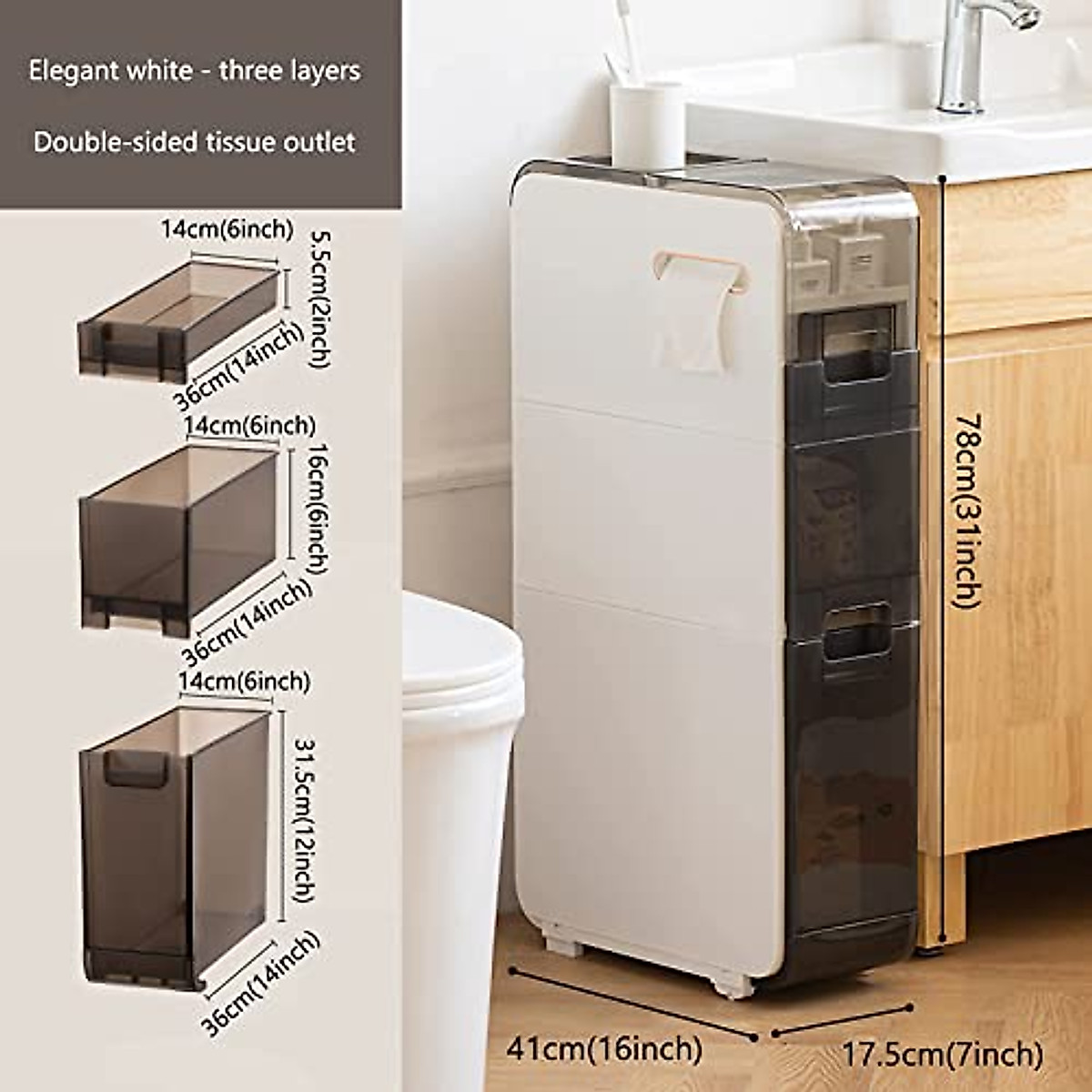 QQXX Freestanding Bathroom Floor Cabinet,Large 2/3/4 Tier Narrow Dresser,with Clear Drawers & Wheels Slim Toilet Storage Drawers Tower,for Small Spaces and Gaps, Toilet Bathroom Storage Floor Cabinet