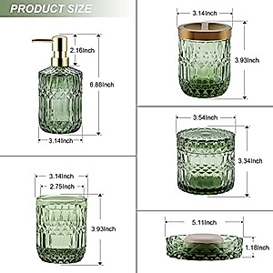 LaMarriti 5Pcs Green Glass Bathroom Accessories Complete Set, Lotion Dispenser, Soap Dish, Toothbrush Holder, Tumbler, Cotton Swab Jars, Modern Bathroom Decor and Housewarming, Set, Green