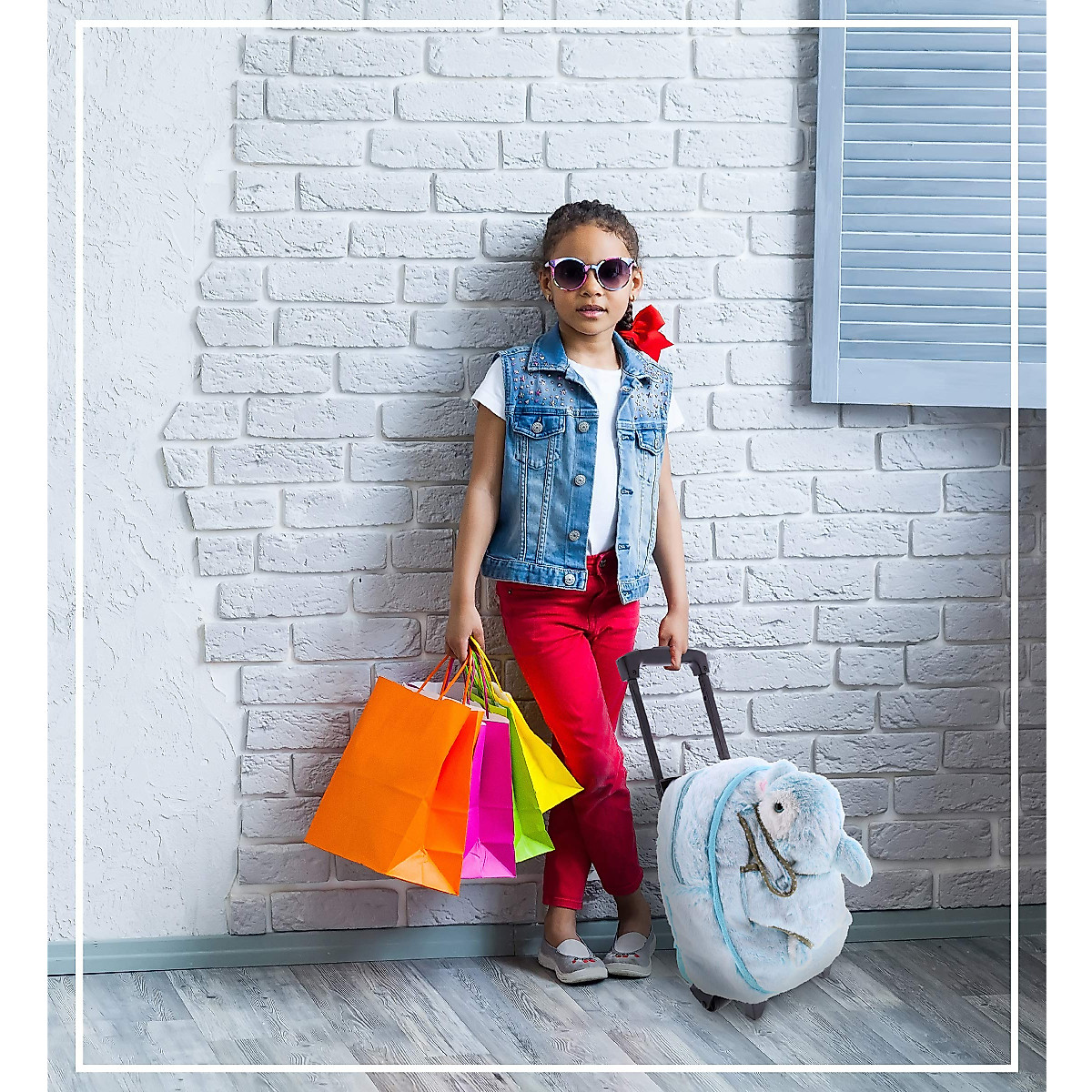 DolliBu Dolphin Plush Trolley and Purse Set - 3-in-1 Kids Trolley, Backpack, Blue Dolphin Purse, Soft Plush Backpack on Wheels, School Rolling Bag with Removable Plush Toy- 15"